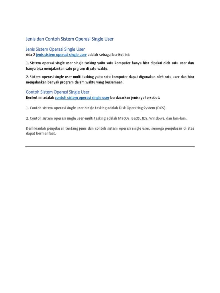 Jenis Contoh Sistem Operasi Single User | PDF