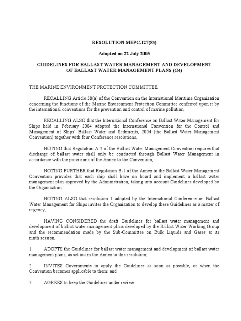 Ballast Water Management, Mepc 127 | PDF | Ships | Water