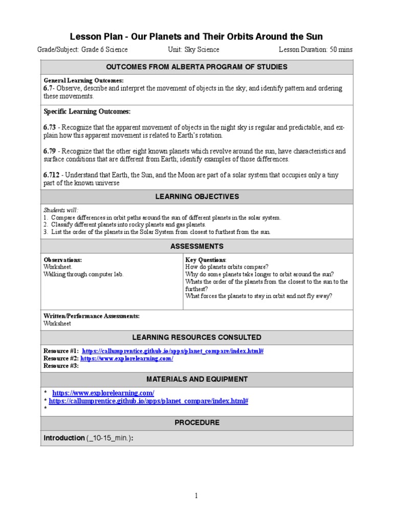 Grade 6 - Planets Lesson Plan 2 | PDF | Planets | Orbit
