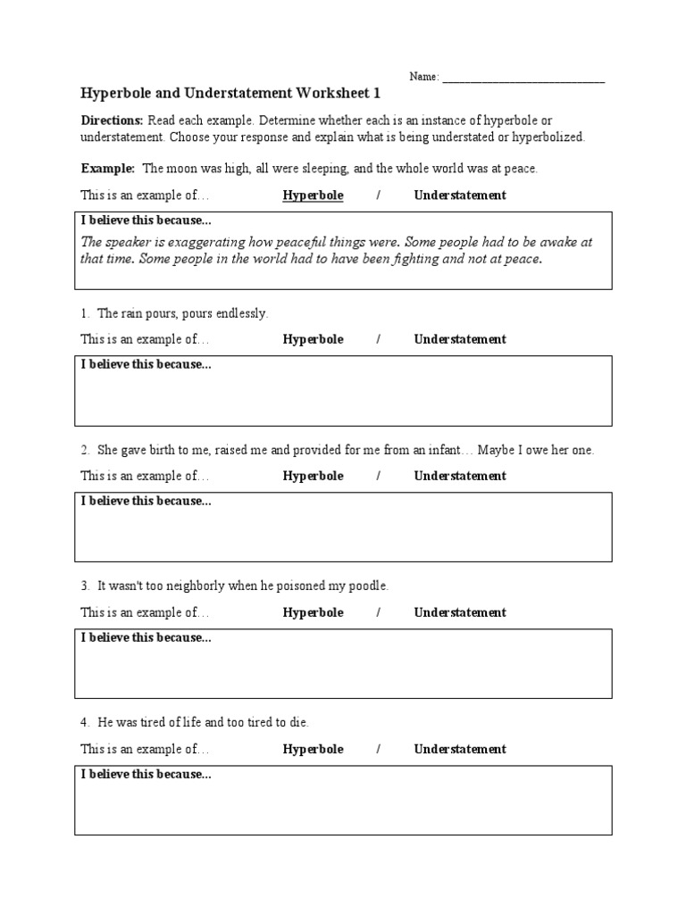 Hyperbole and Understatement Worksheet 01 | PDF