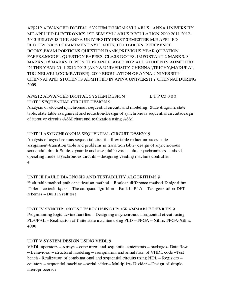 M.E Advanced-Digital-System-Design | PDF | Vhdl | Digital Electronics