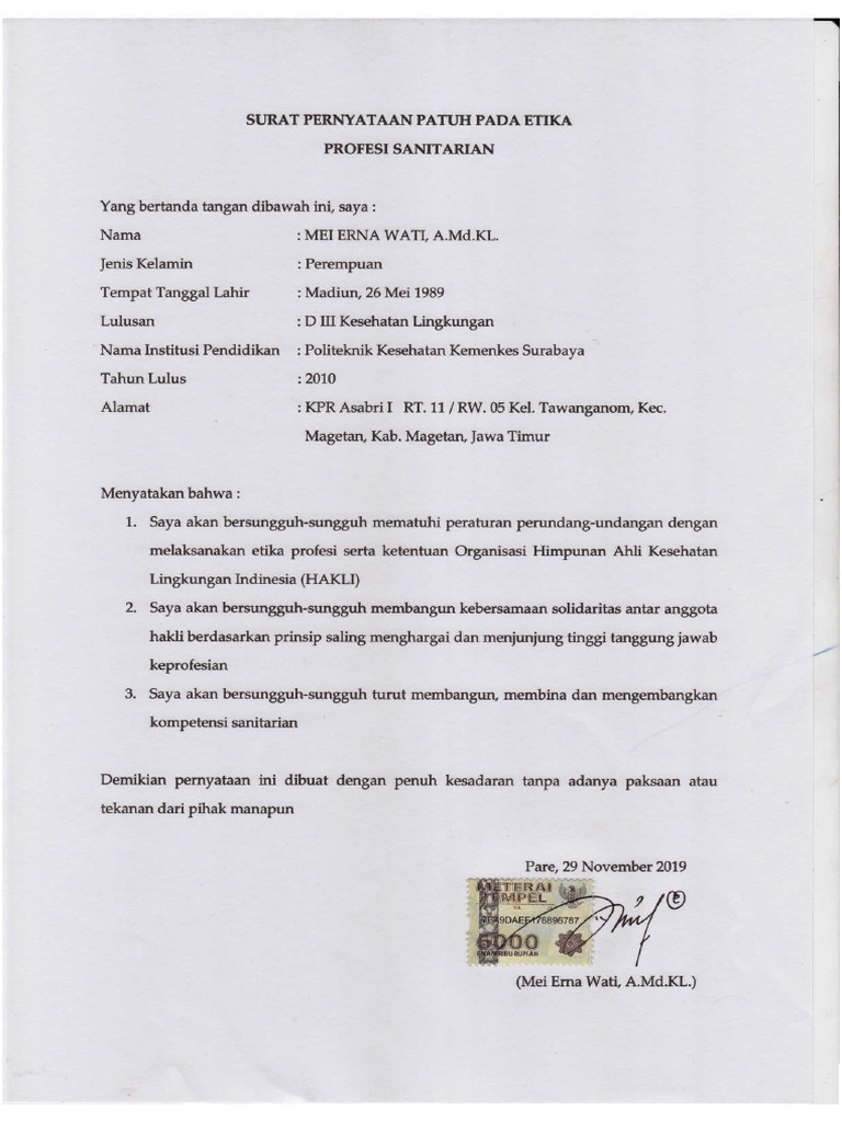 Scan Surat Pernyataan Etika Profesi Kesling | PDF
