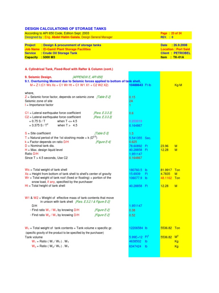 Storage Tank CALC Api 650 | Download Free PDF | Applied And ...