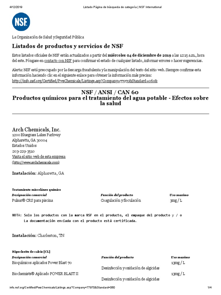 Listado - NSF International-HTH | PDF | Industria química | Ingeniería ...