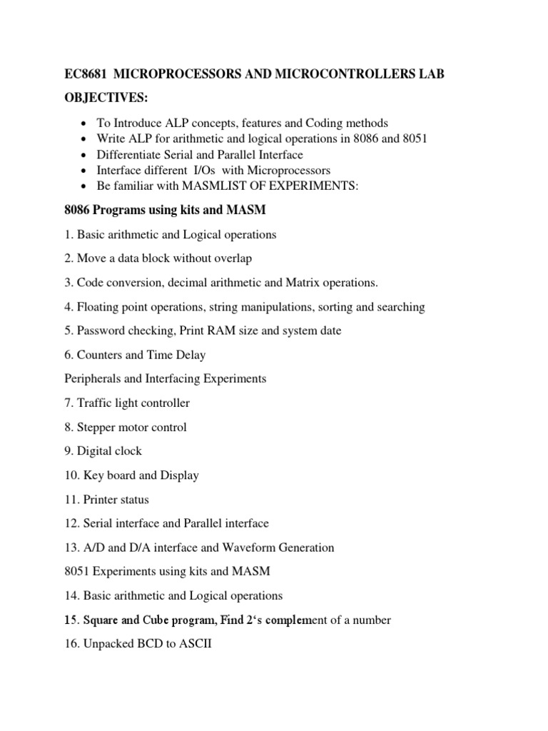 Microprocessor Lab Experiments and Interfacing | PDF