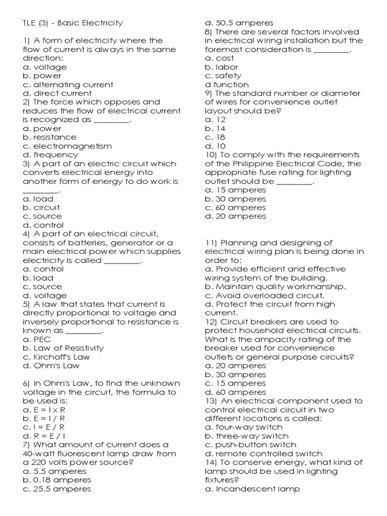 Tle Major Test Set 010 Basic Electricity 1 | PDF | Series And Parallel ...