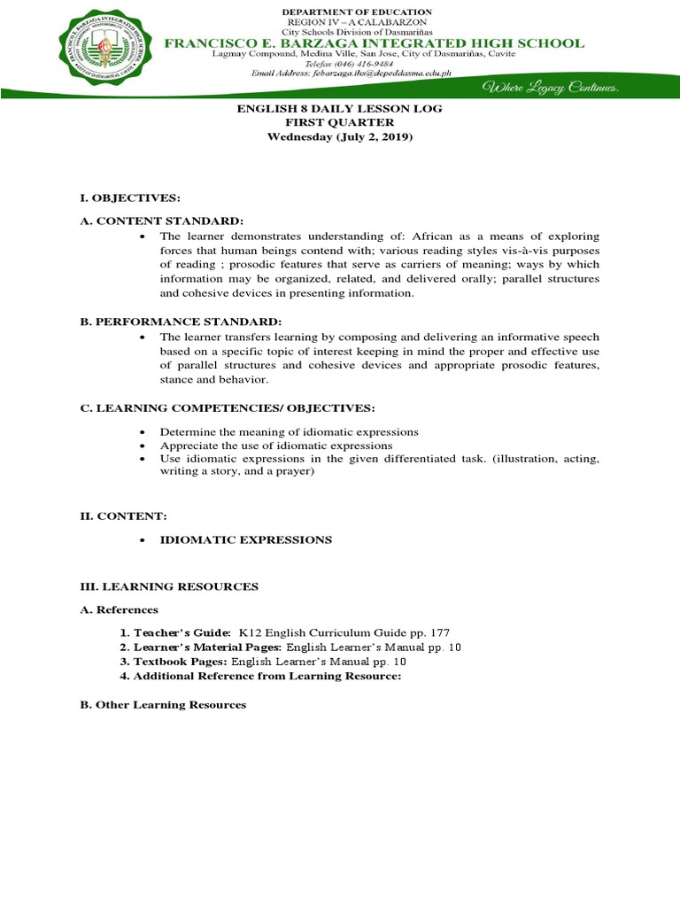 English 8 Daily Lesson Log | PDF | Idiom | English Language