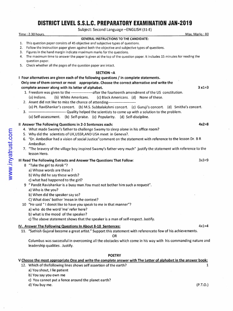 10th STD 2nd Language English District Level Preparatory Exam Question ... 10th STD 2nd Language English District Level Preparatory Exam Question ...