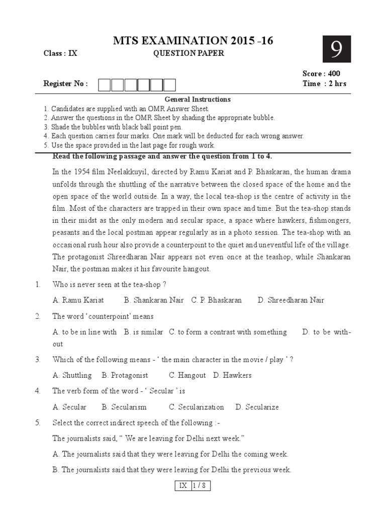 MTSE Exam Class IX Question Paper PDF | PDF | Epithelium | Triangle