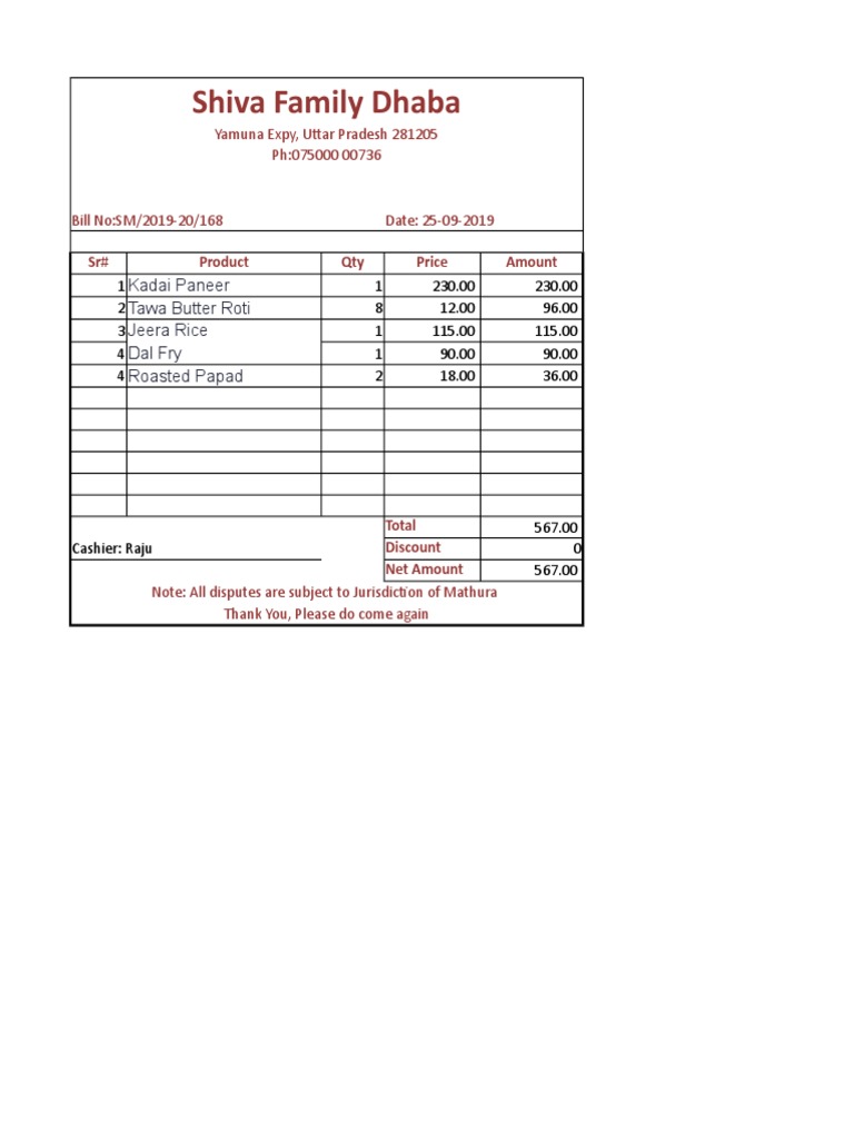 Restaurant Bill Format in Excel | PDF