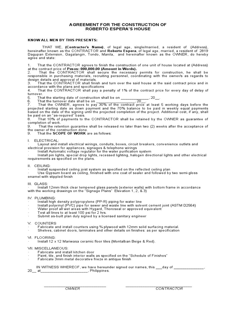 Agreement For Construction | PDF | Ceiling | Pipe (Fluid Conveyance)