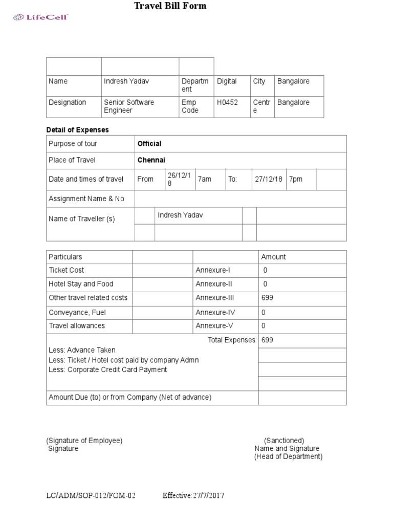TRAVEL BILL FORM Chennai Meet PDF | PDF | Service Industries | Services ...
