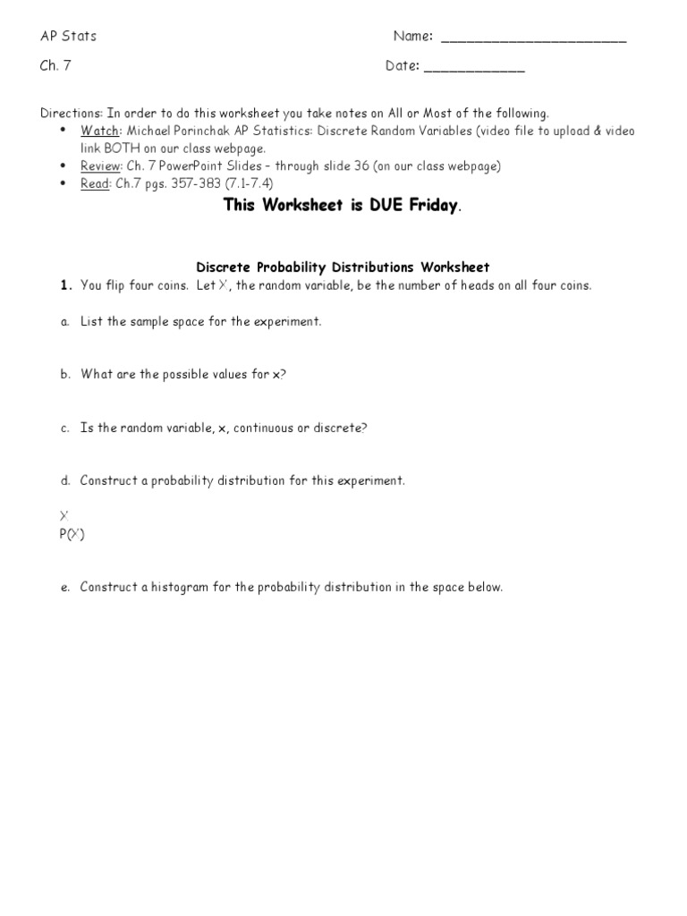 Discrete Probability Distribution Worksheet | PDF | Probability ...
