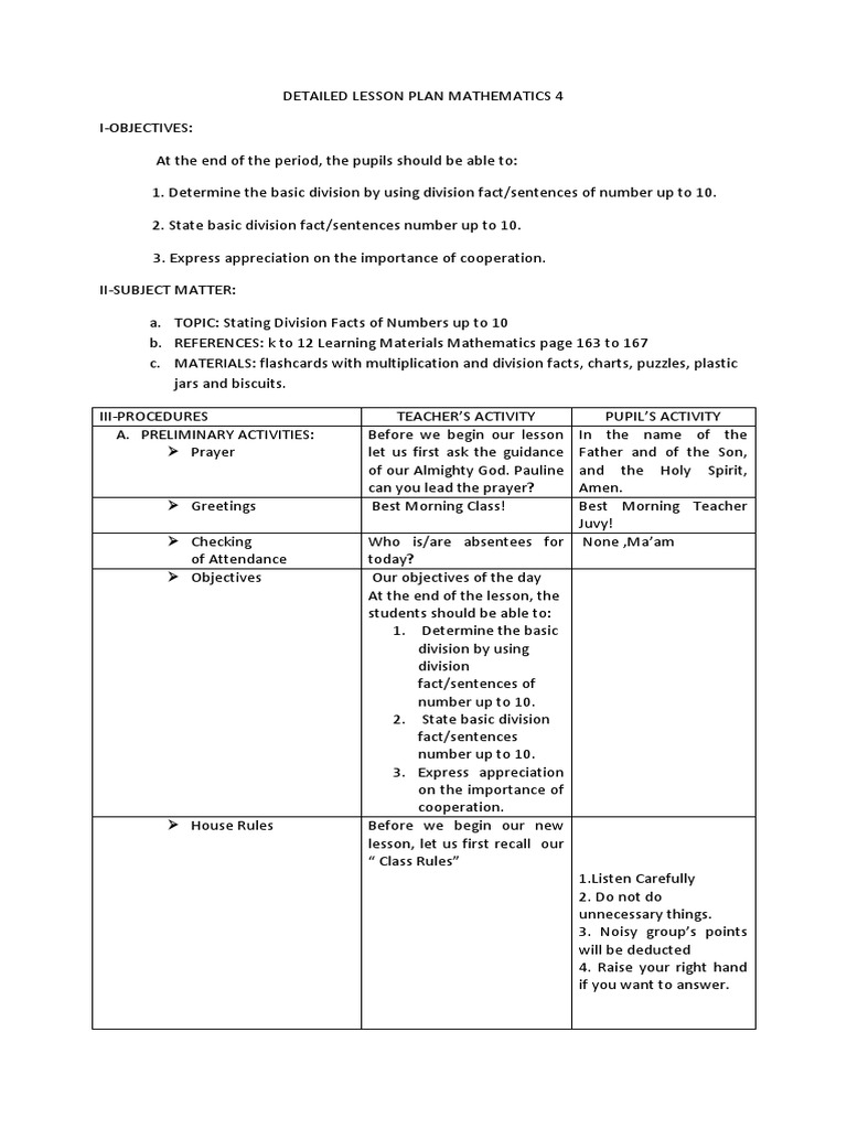 Division Facts Lesson Plan for Grade 3 | PDF | Behavior Modification ...