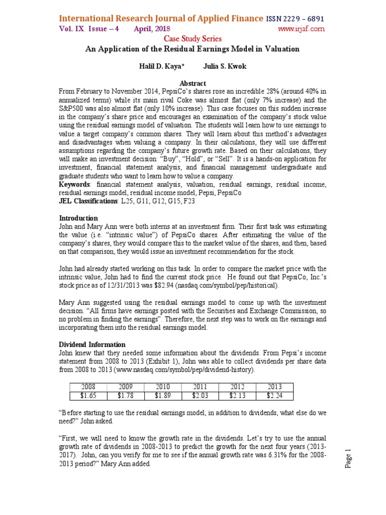Valuing PepsiCo with Residual Earnings Model | PDF | Net Income | Stocks