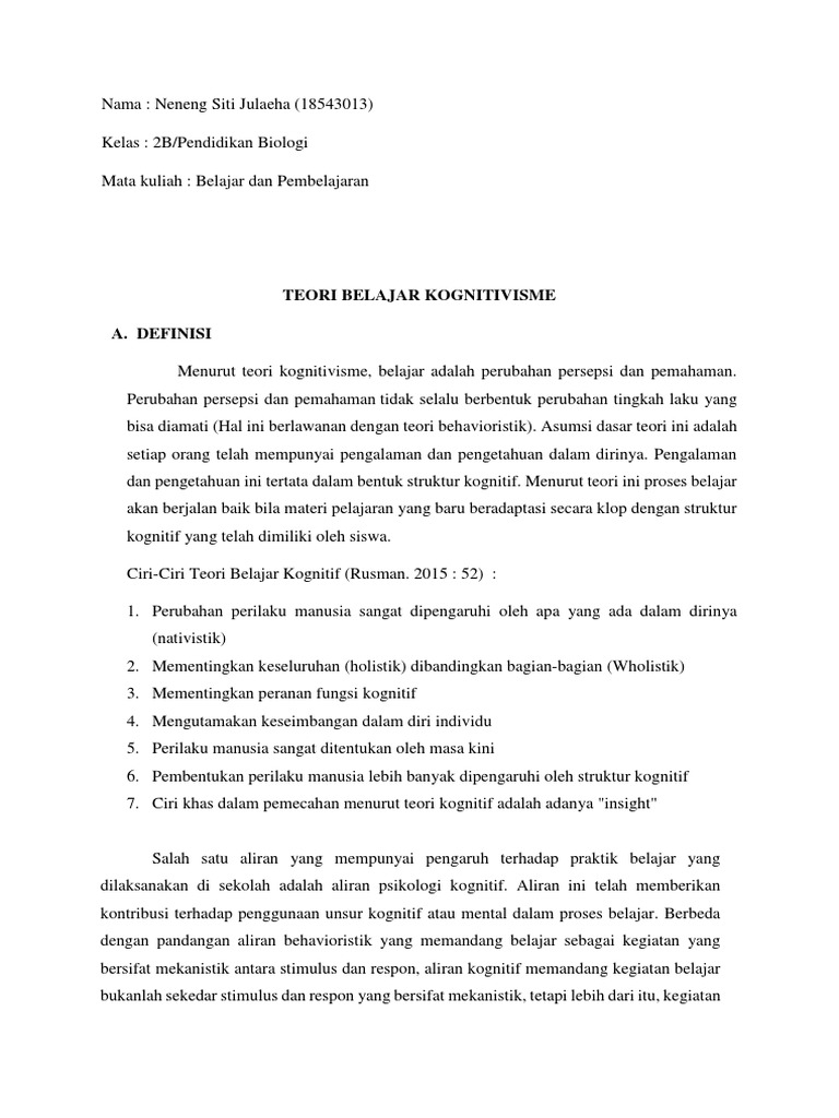 Teori Belajar Kognitivisme | PDF