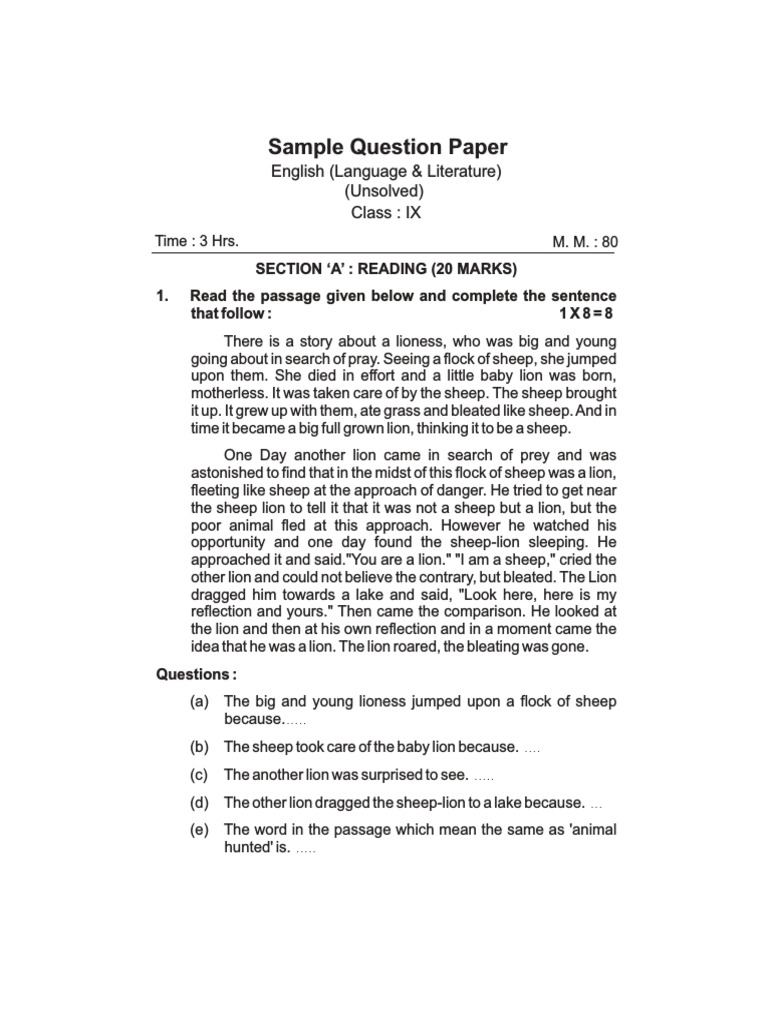 9 English Sample Papers 2018 2019 Set 3 PDF | PDF | Lion
