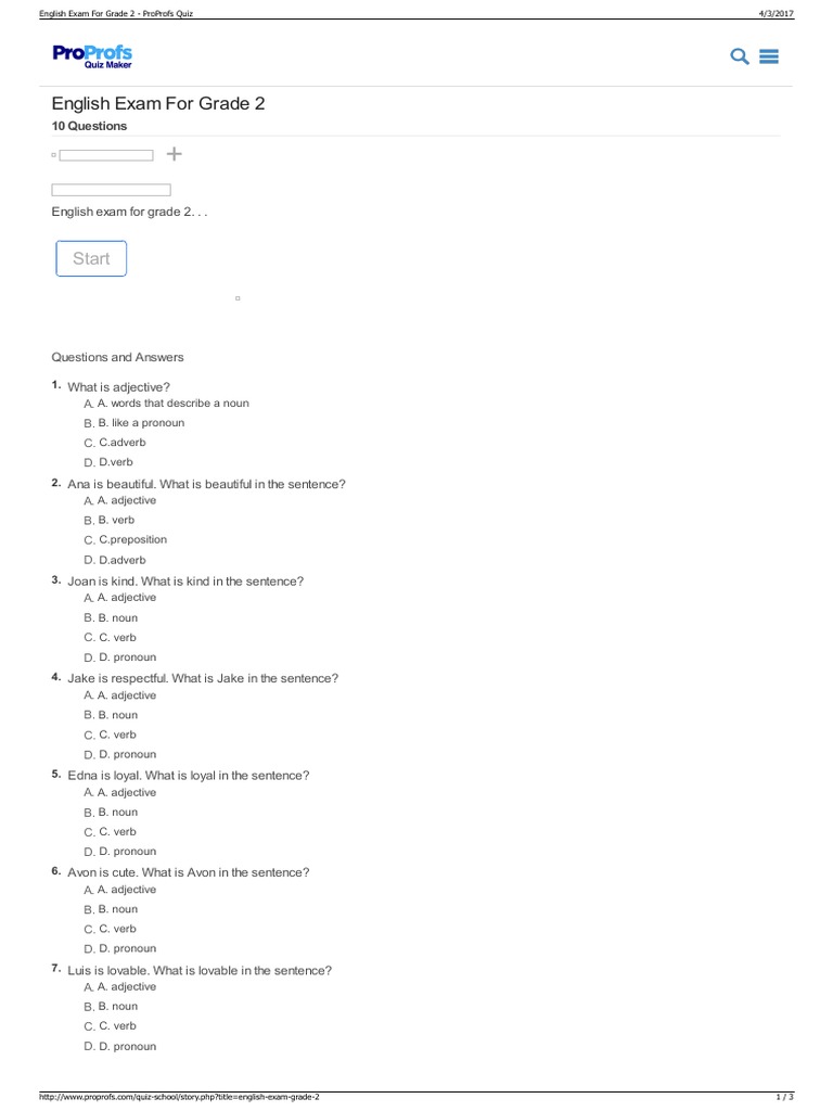 English Exam For Grade 2 - ProProfs Quiz | Verb | Noun