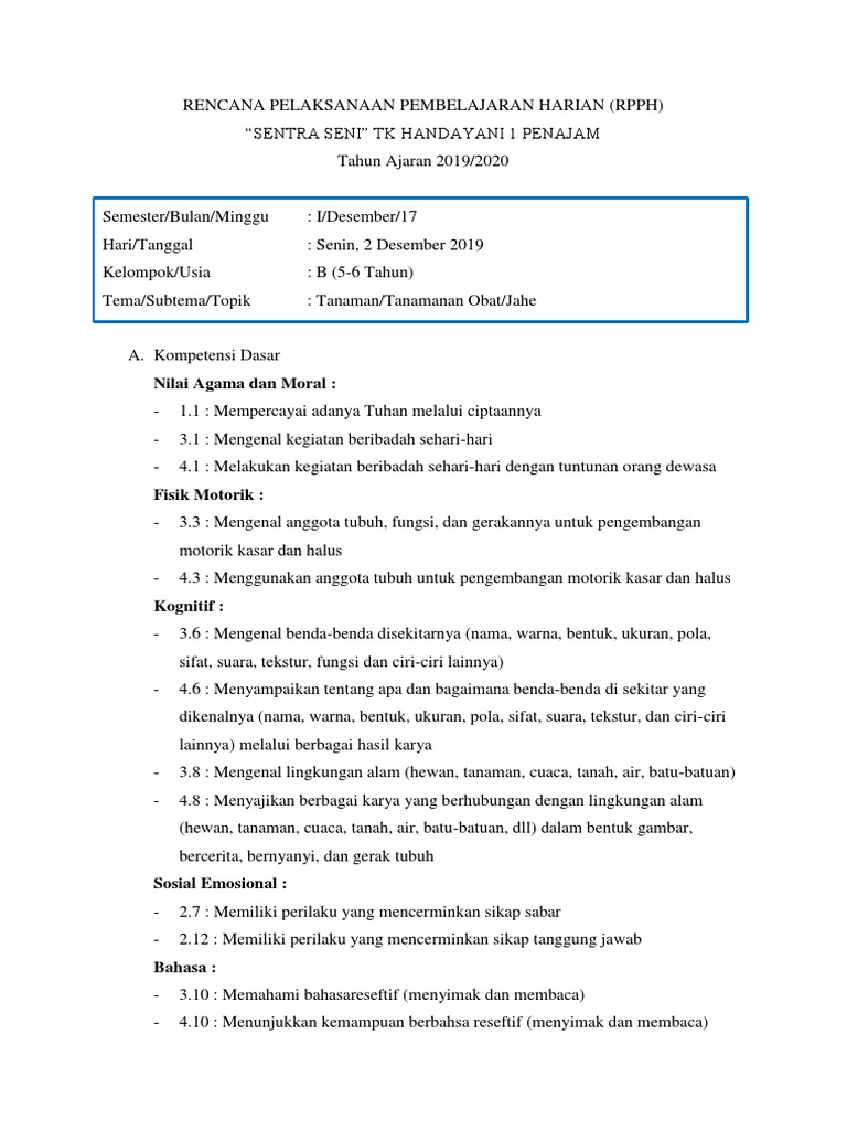 Contoh RPPH TK Handayani I Penajam Sentra Seni | PDF