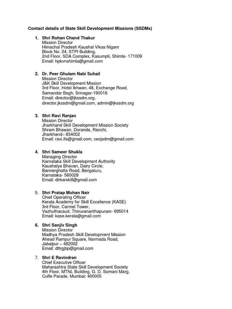State Skill Development Missions Contacts | PDF | South Asia ...