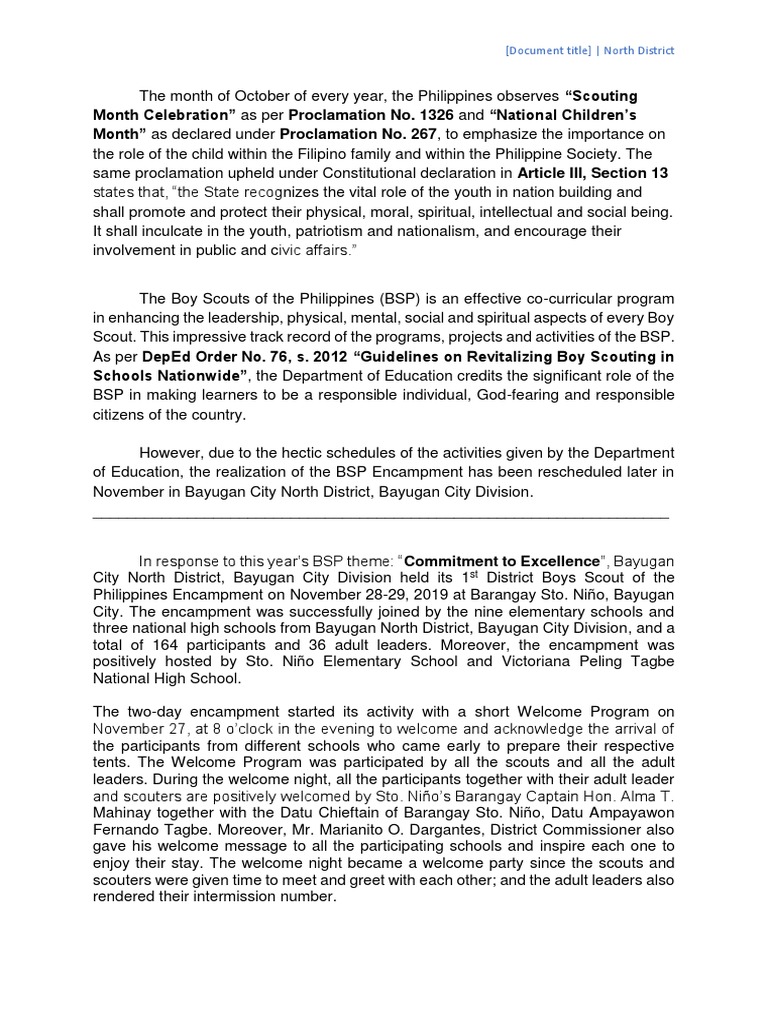 Narrative Report BSP 2019 | PDF | Scouting