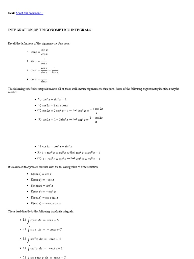 Trigonometric Integrals and Solutions | PDF | Integral | Trigonometric ...