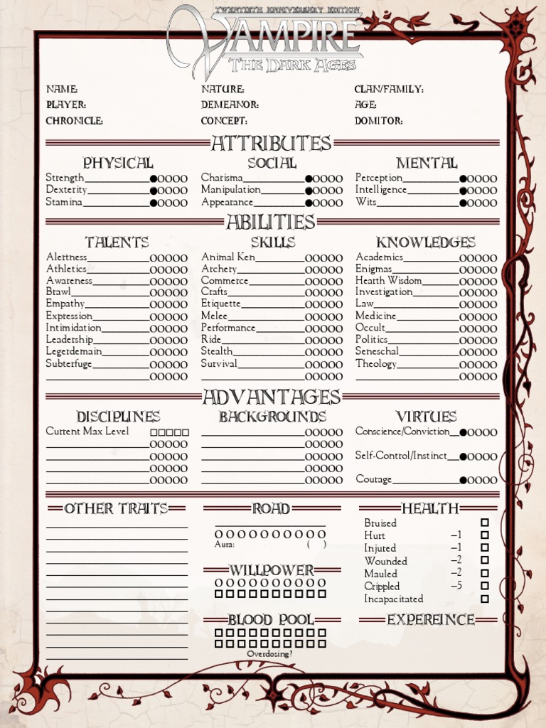 Dark Ages - Ghoul Character Sheet PDF | PDF | Role Playing Games ...