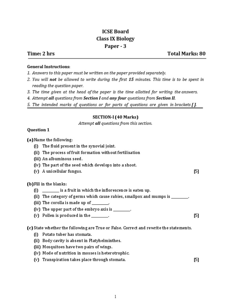Biology 9 Icse Sample Paper 3 | PDF | Breathing | Human Tooth