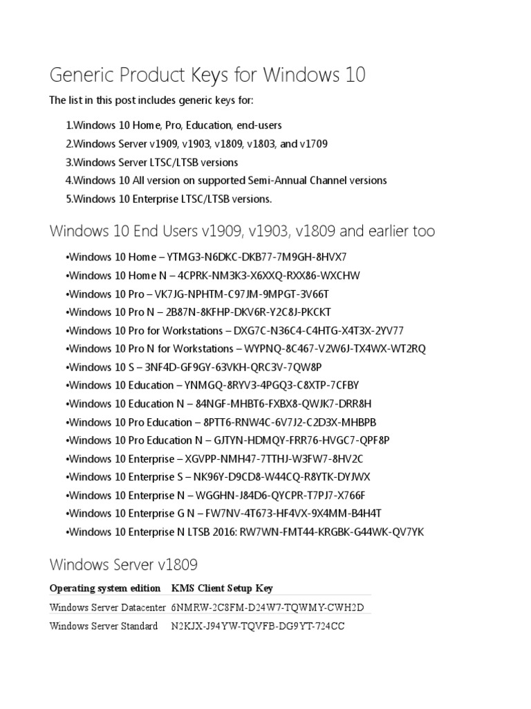 Generic Product Keys For Windows 10 | PDF | Windows 10 | Microsoft Windows