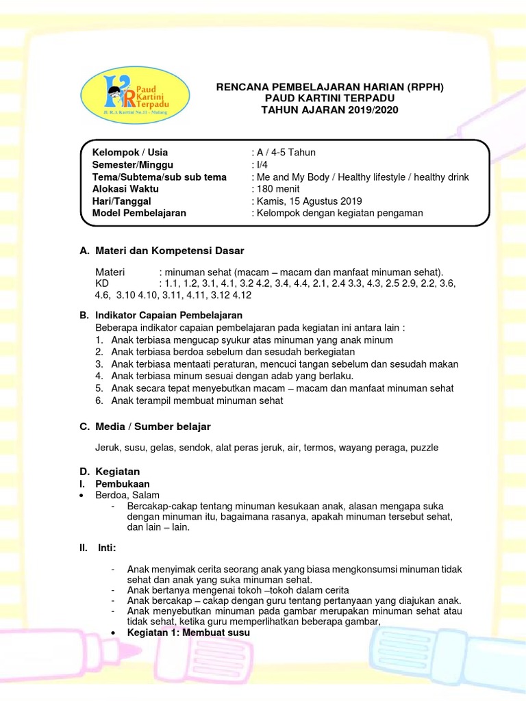 Rencana Pembelajaran Harian RPPH Paud Ka | PDF | Pengembangan Diri ...