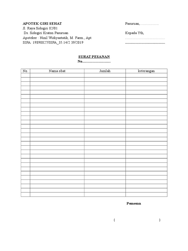 Surat Pesanan Apotek | PDF