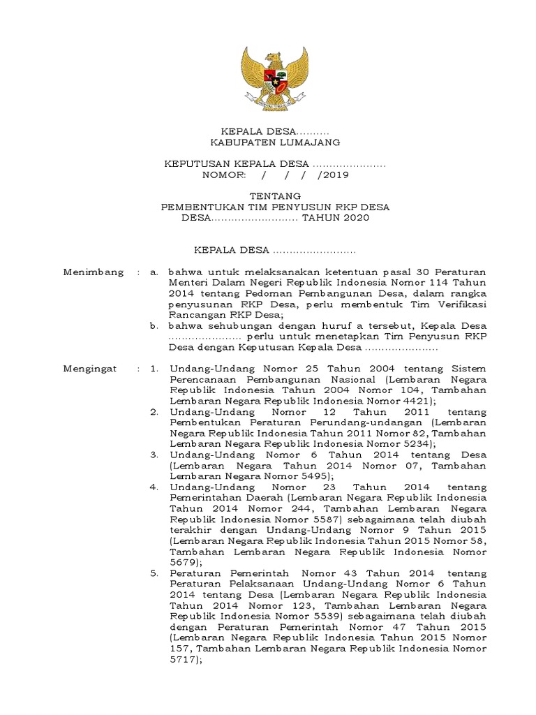 Contoh SK Tim Penyusun RKP Desa 1 PDF | PDF | Pengelolaan Keuangan ...