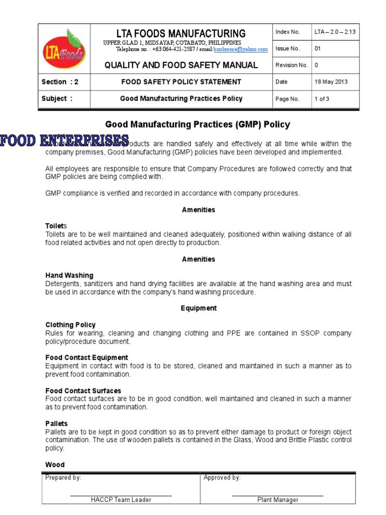 Good Manufacturing Practices Policy | PDF | Food Safety | Warehouse