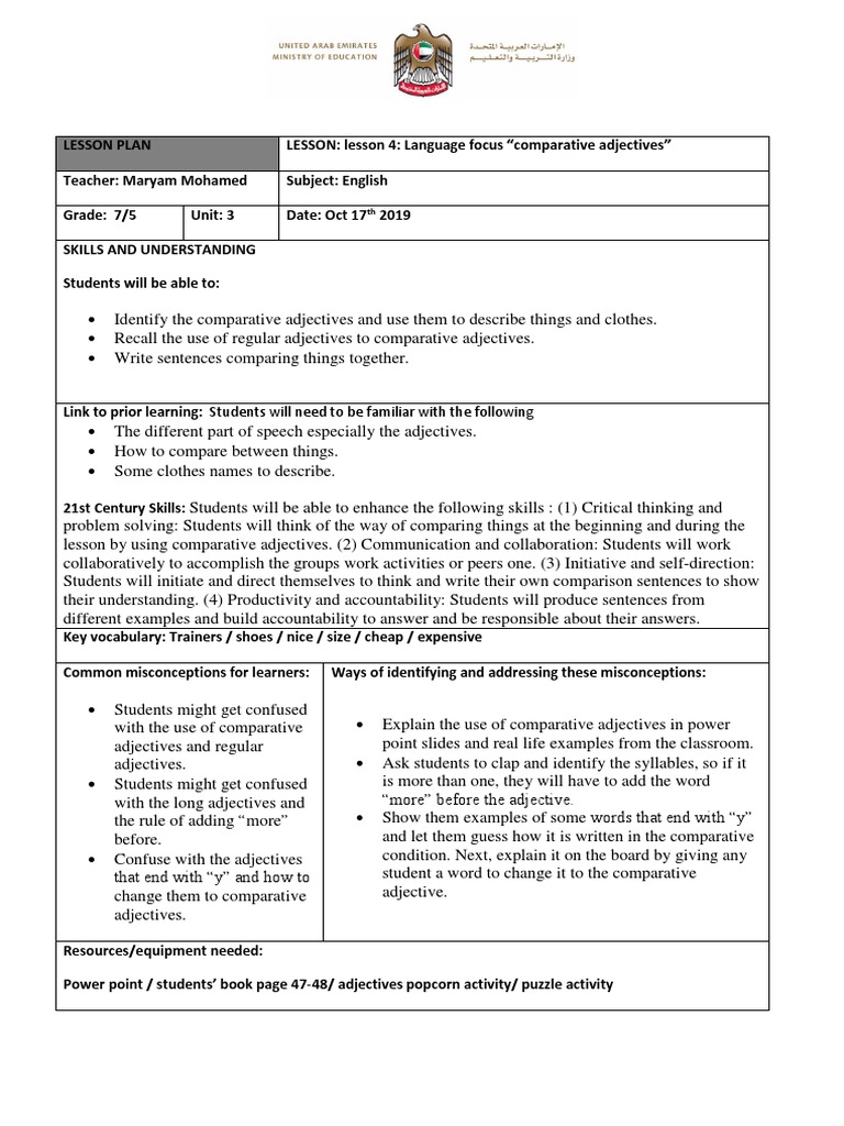 Comparative Adjectives Lesson Plan | PDF | Adjective | Lesson Plan
