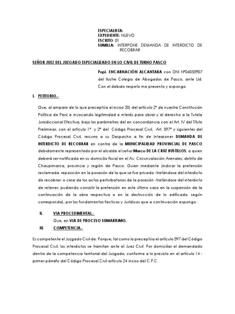 Interdicto Escrito | PDF | Posesión (Ley) | Demanda judicial