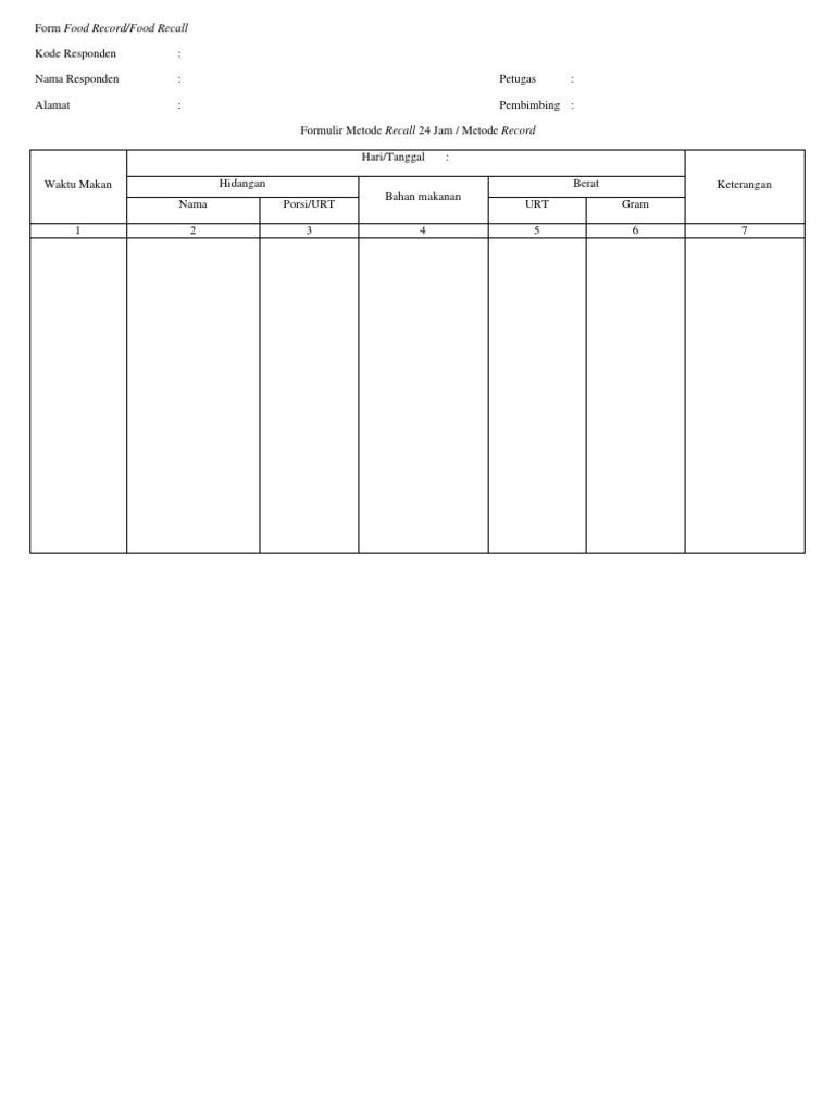 Form Food Record, Recall 24 Jam | PDF