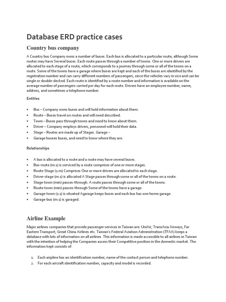 Database ERD Practice Cases | PDF | Bus | Airlines