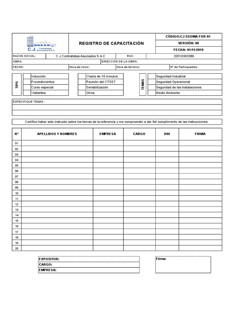 Cj-Ssoma-For-01 - Registro de Capacitacion | PDF Cj-Ssoma-For-01 - Registro de Capacitacion | PDF