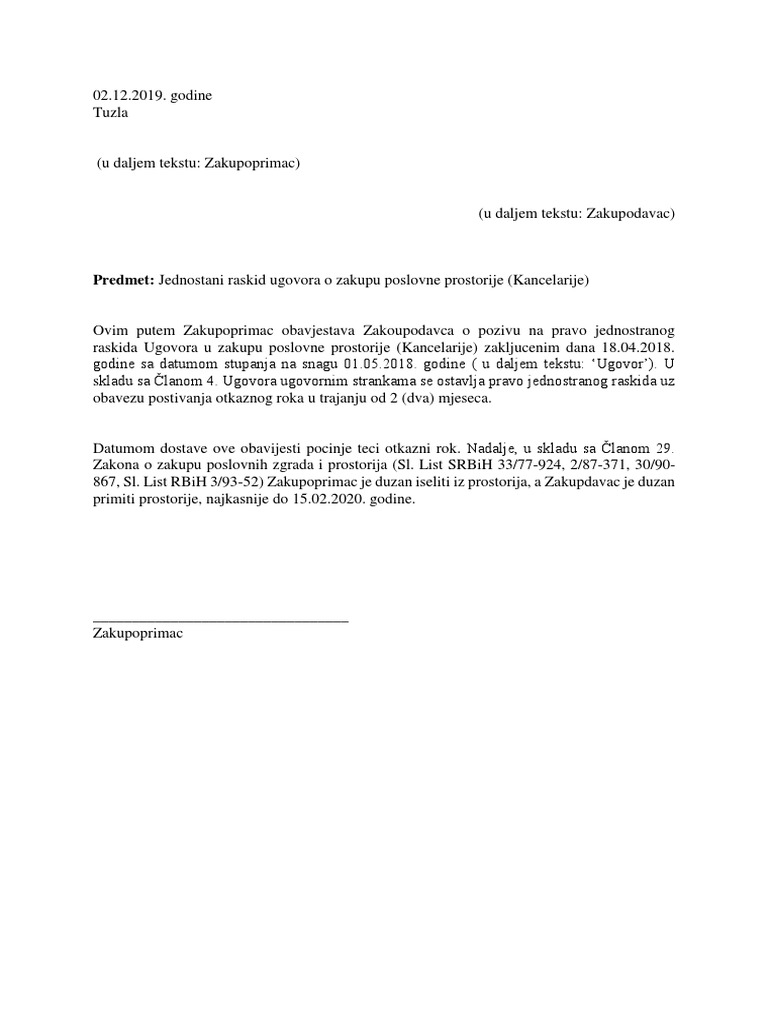 Raskid Ugovora o Zakupu | PDF