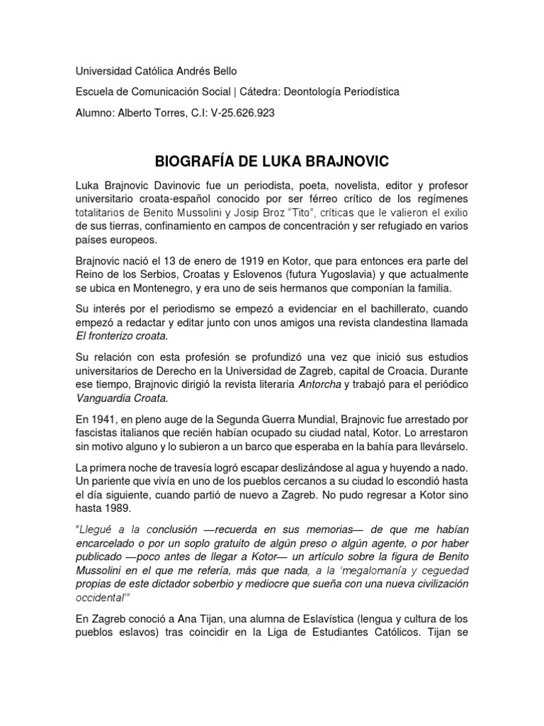 Biografía Luka Brajnovic | PDF | Croacia | Josip Broz Tito