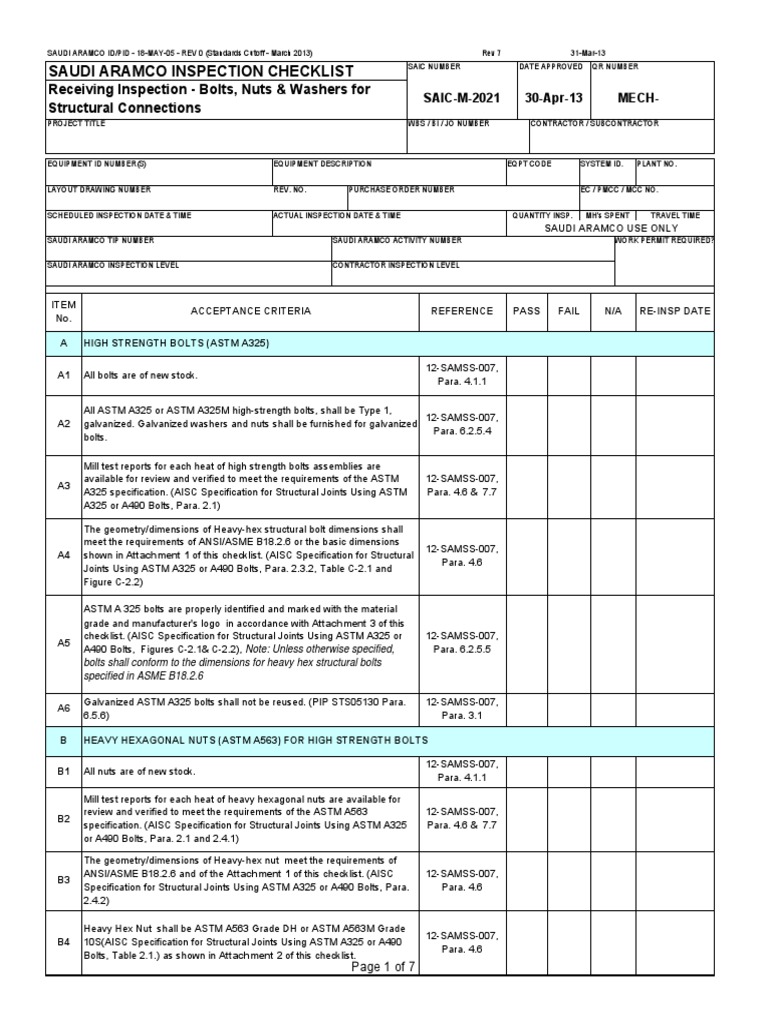 Saudi Aramco Structural Fasteners Checklist | PDF | Screw | Economic ...