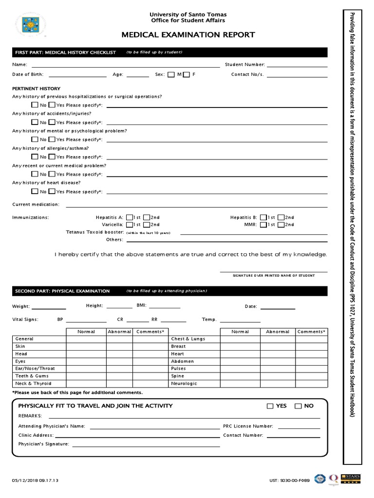 UST Student Medical Examination Report | PDF | Health Sciences ...