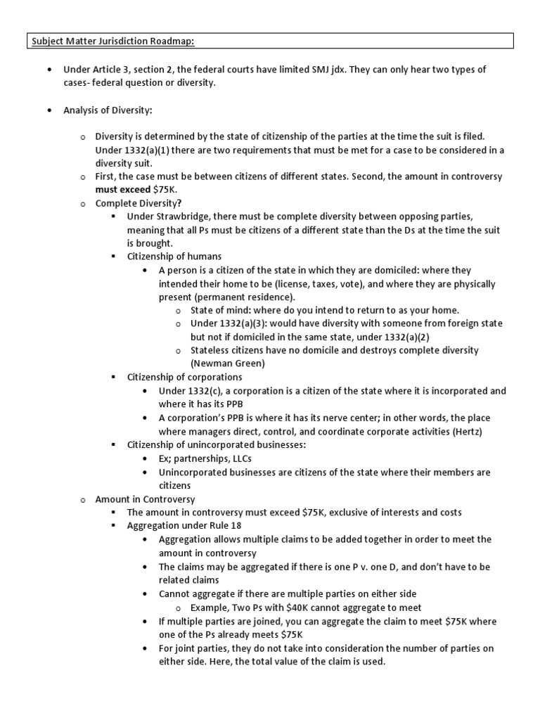 Civil Procedure Roadmaps | PDF | Diversity Jurisdiction | Minimum Contacts
