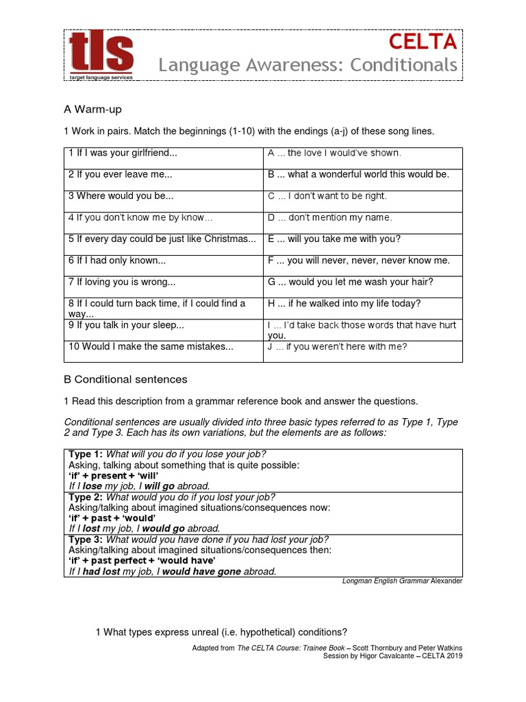 CELTA - Conditionals - Handout 1 | Download Free PDF | Linguistics ...