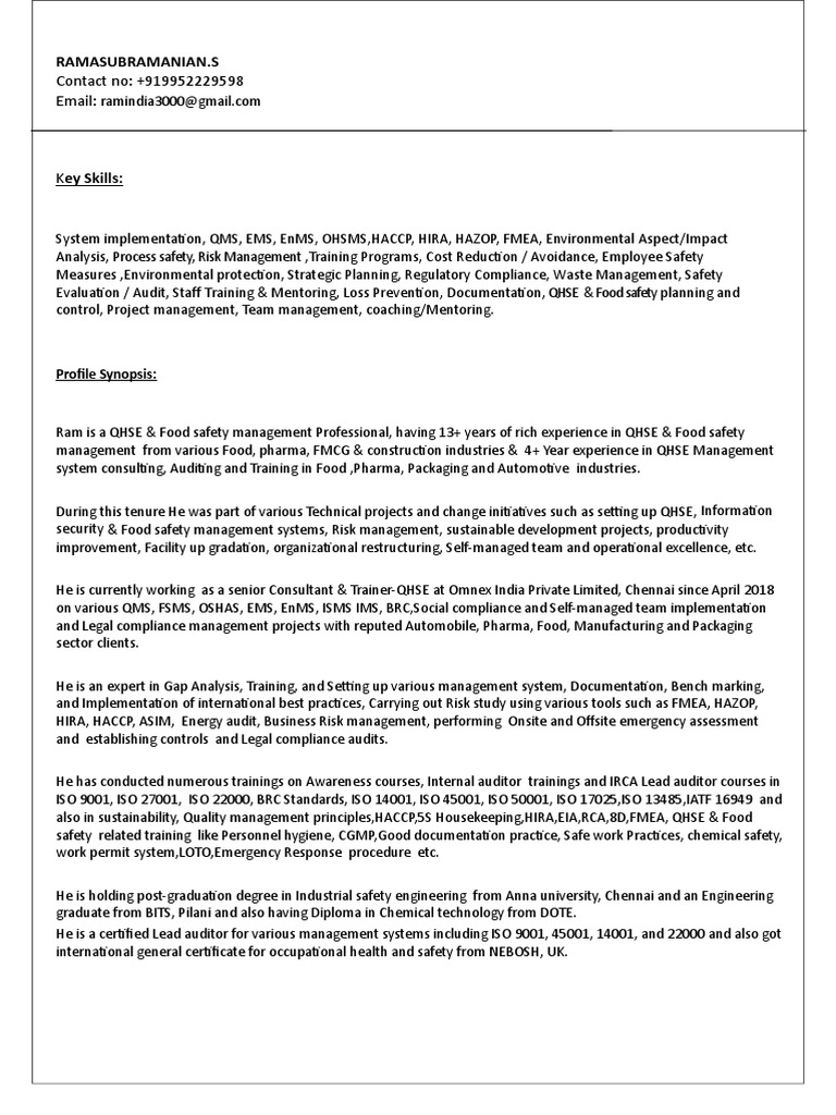 Resume Ram QHSE | PDF | Risk Management | Hazard Analysis And Critical ...