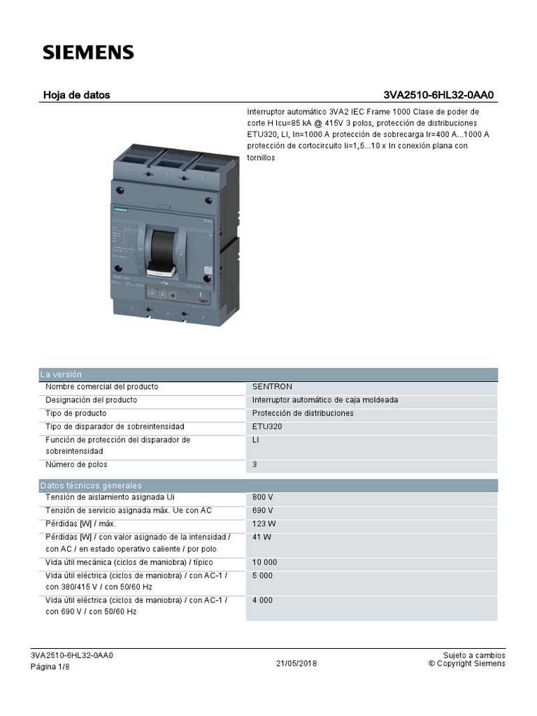 Ficha Técnica Interruptor 1000a | PDF | Corriente eléctrica | Electricidad