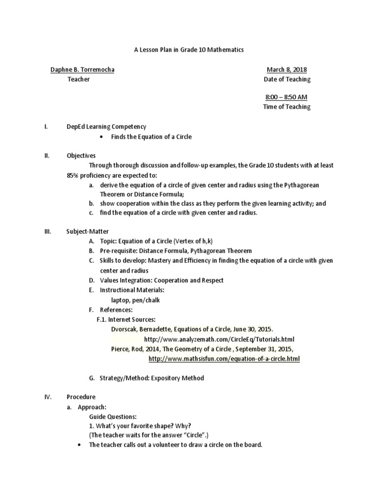Grade 10 Lesson Plan Equation of A Circle | PDF | Circle | Equations