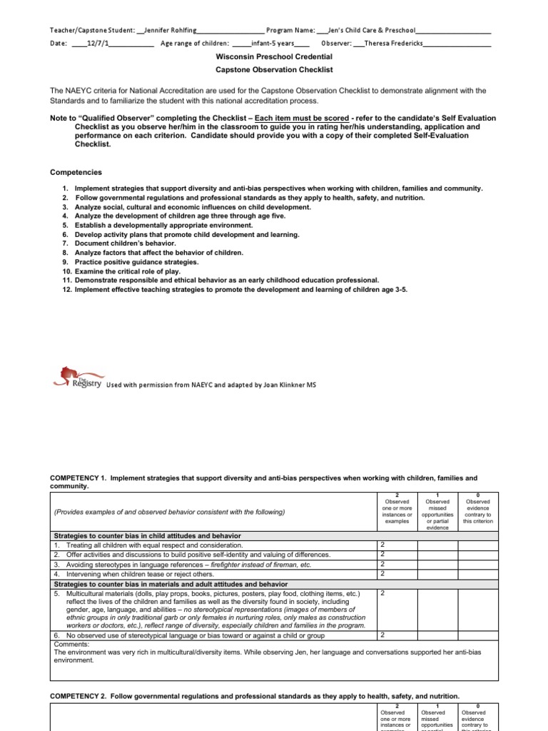 Preschool Capstone Observation Checklist | PDF | Child Development ...