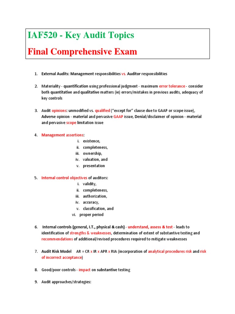 Key Audit Topics - Final Comp Exam | PDF | Internal Control | Risk
