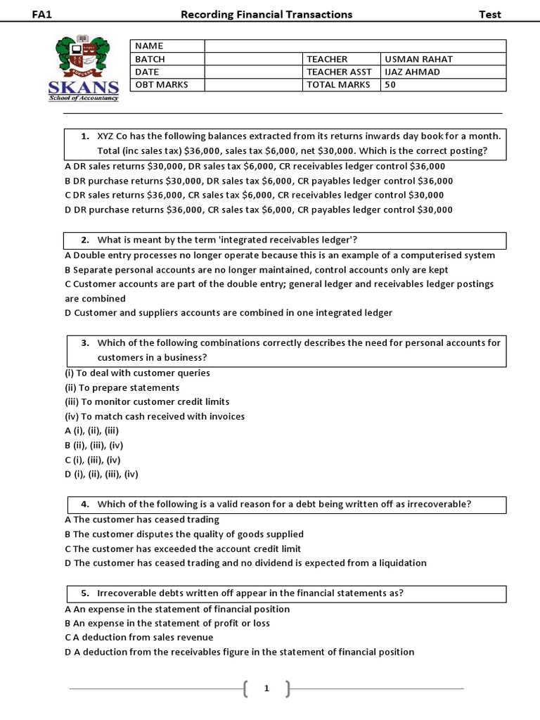Fa1 Test | PDF | Debits And Credits | Bookkeeping